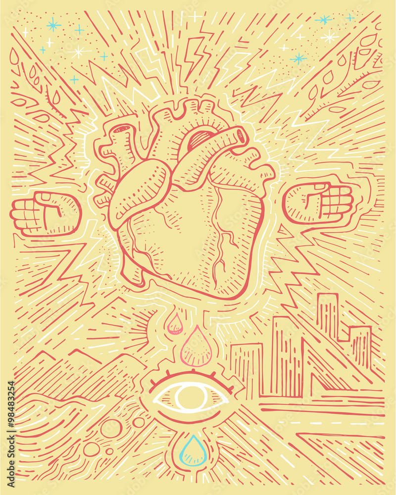 Urban electric heart / Hand drawn illustration or drawing of a human ...