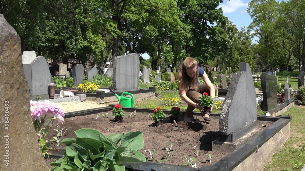 Sad widow woman girl plant flowers on father brother grave tomb in ...