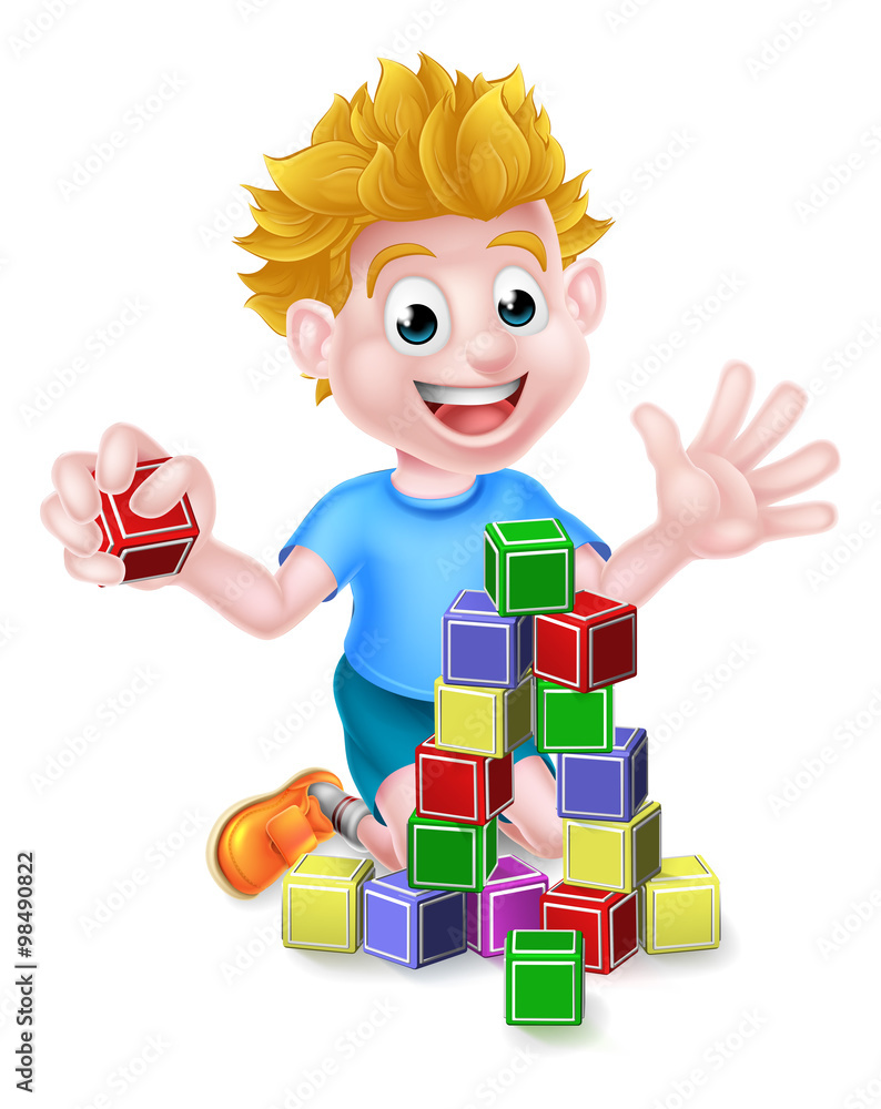 Cartoon Boy Playing With Building Blocks Stock Vector | Adobe Stock