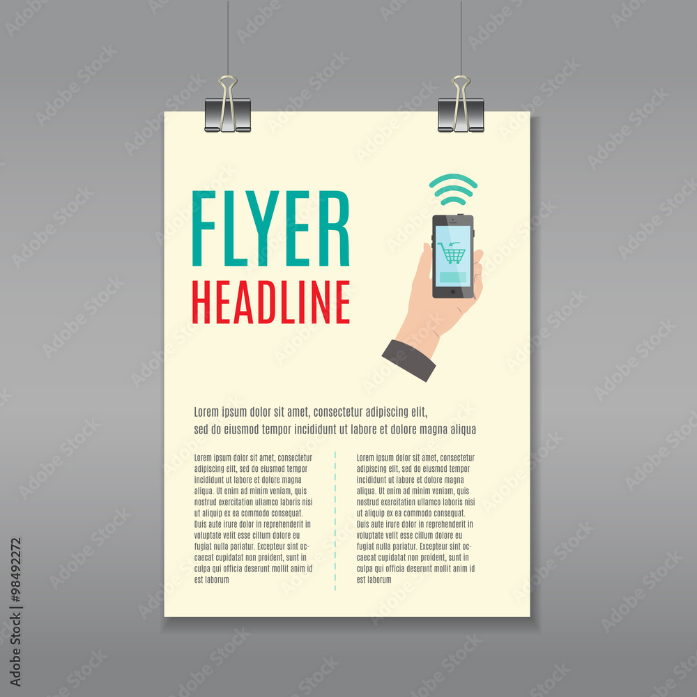 Flyer paper template hanging on the wall on paper clips. Flyer desin ...