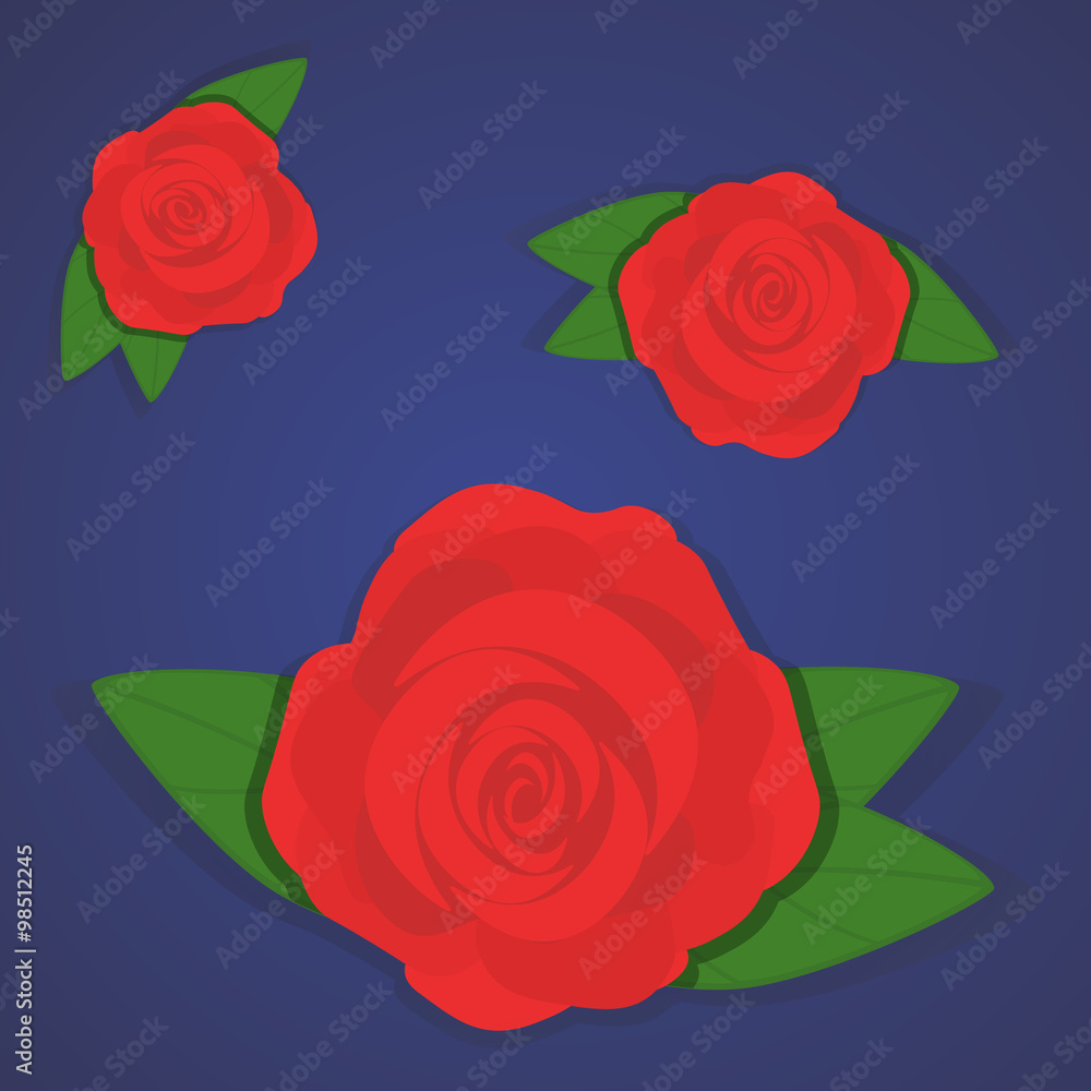Vector set of beautiful red roses on gradient blue background. Flat ...