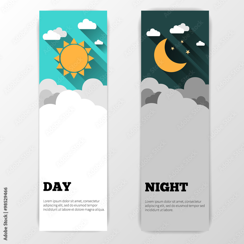 Sun, moon and stars. Day and night vector banners isolated. Stock ...