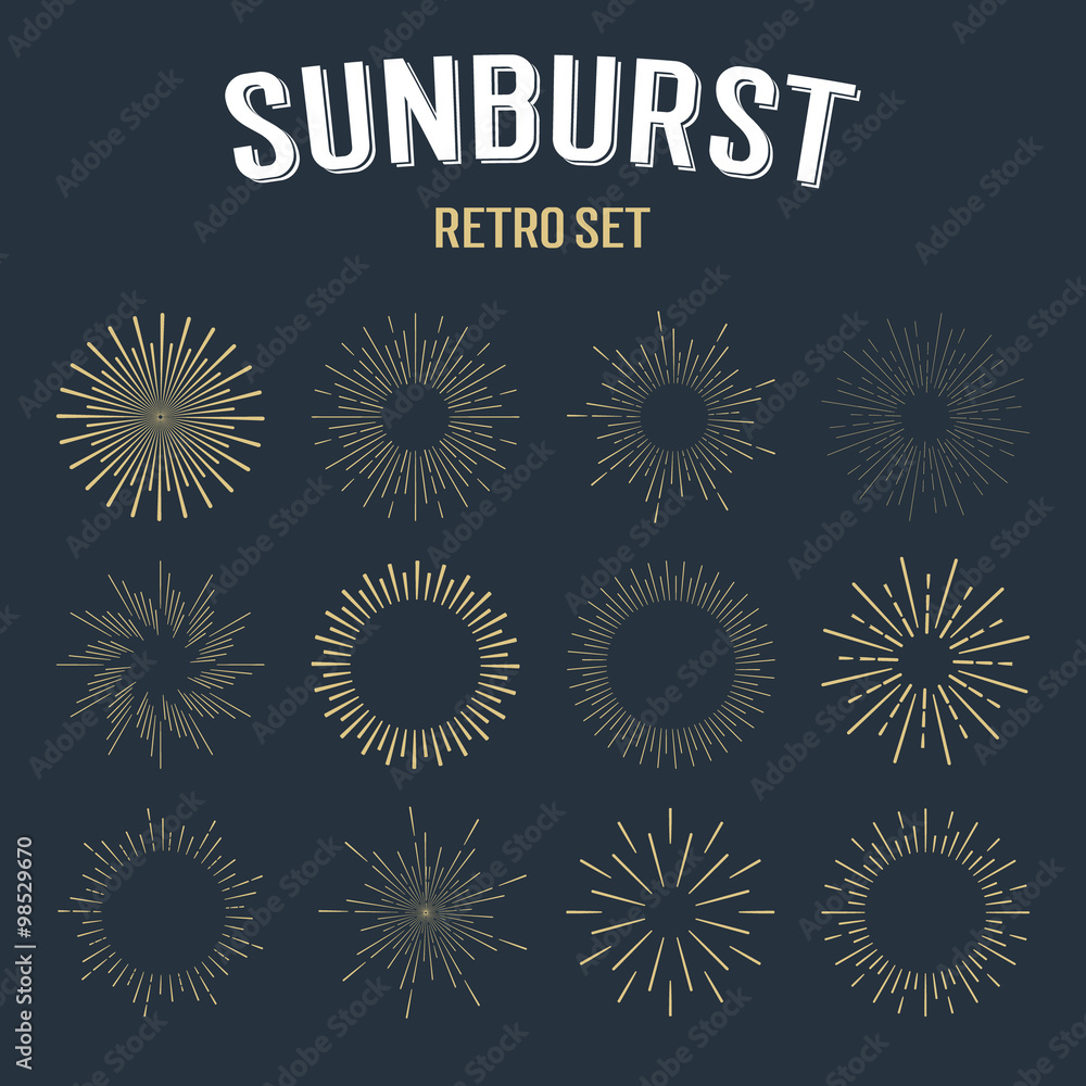 Set of gold vintage linear sunbursts. Vintage logo, labels, badges and ...