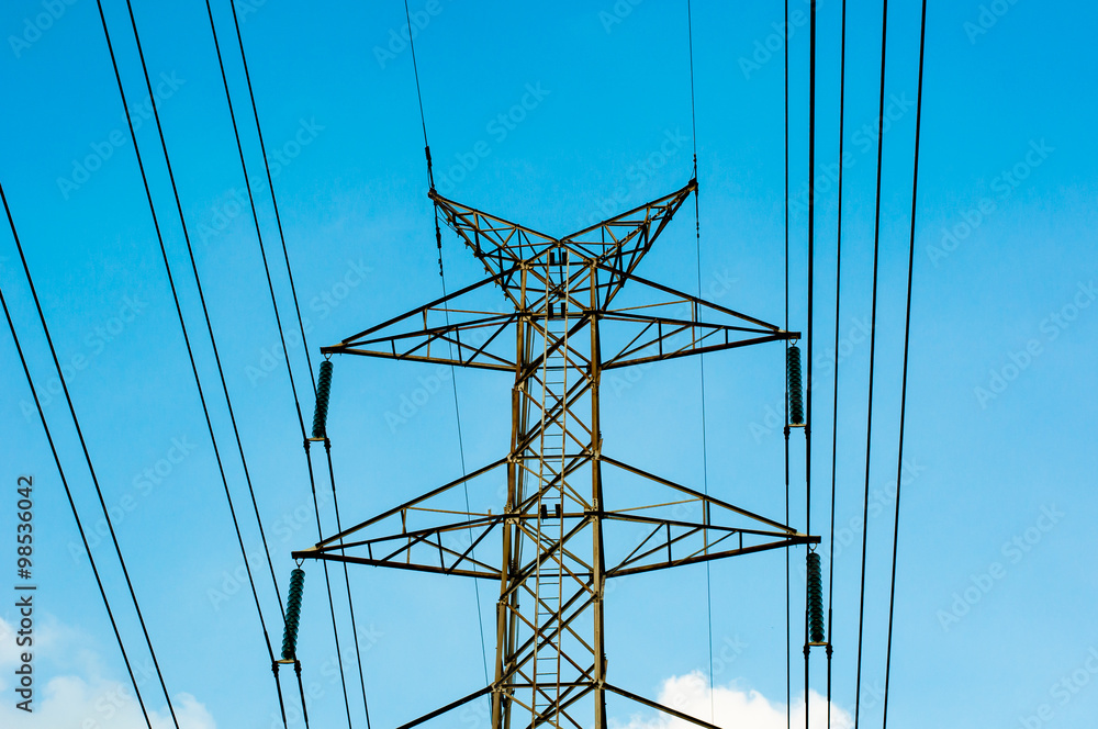 High voltage transmission lines isolated on blue sky background Stock ...