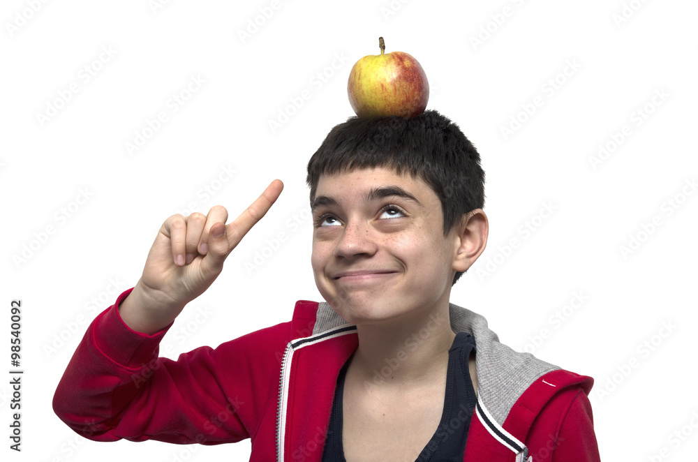 Boy with apple on the head.Modern contemporary Newton concept image ...