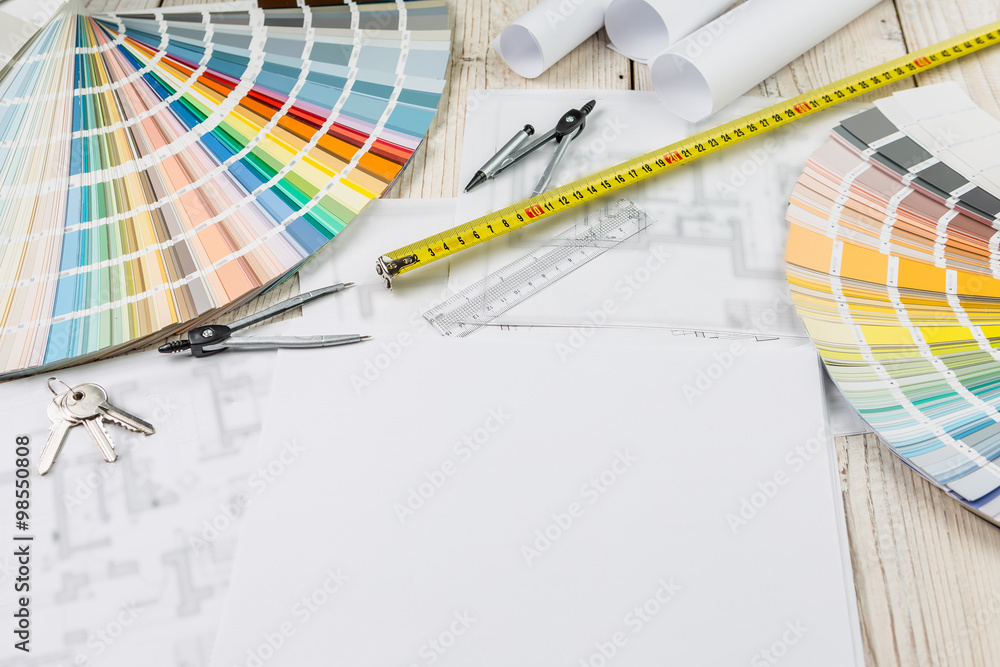 Professional designer architect work place table. RAL colors set, ruler ...