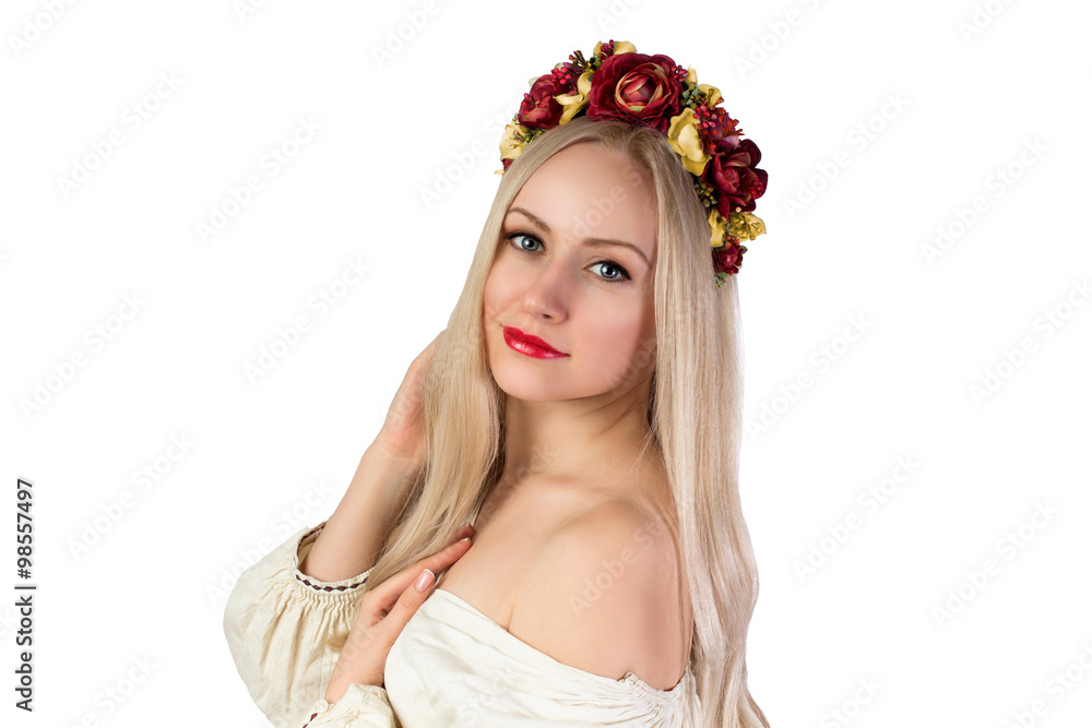 Beautiful ukrainian girl in traditional costume and flower chapl Stock ...