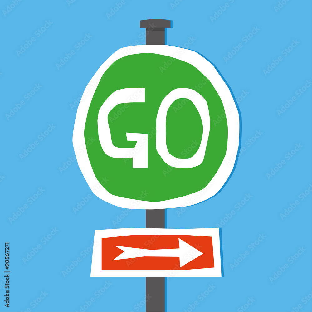 Green GO traffic sign and direction arrow on a standing pole in a hand ...