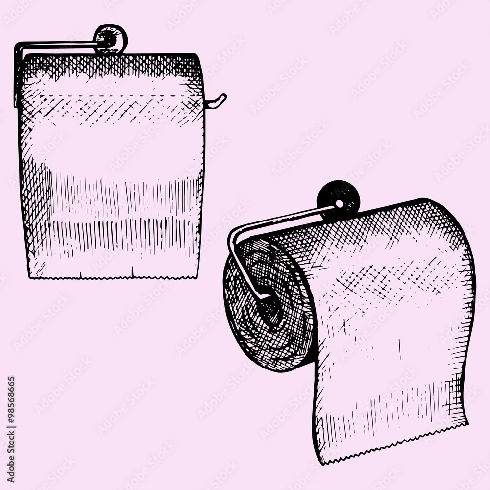 toilet paper on holder, set, hand drawn, doodle style, sketch ...