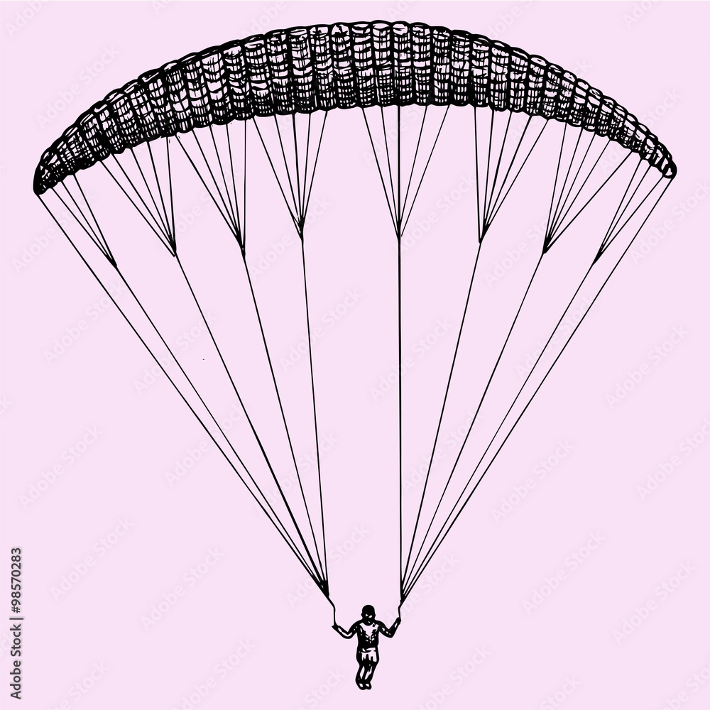 Paragliding, parachute, extreme sport, doodle style, sketch ...