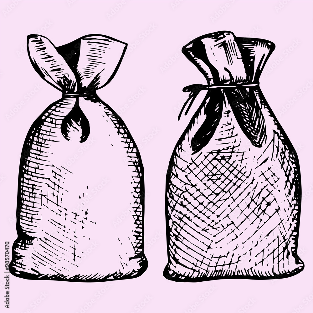 set of canvas sack, doodle style, sketch illustration, hand drawn ...