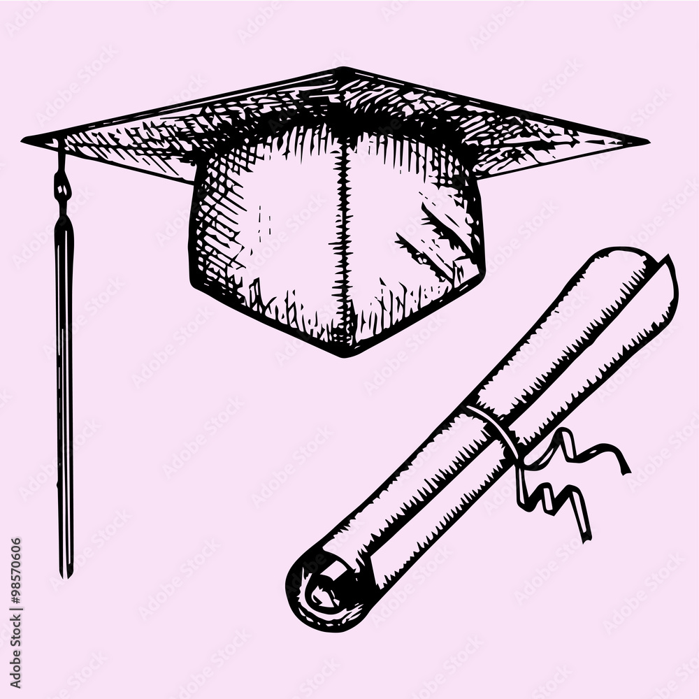 Graduation Cap with Degree and diploma, doodle style, sketch ...