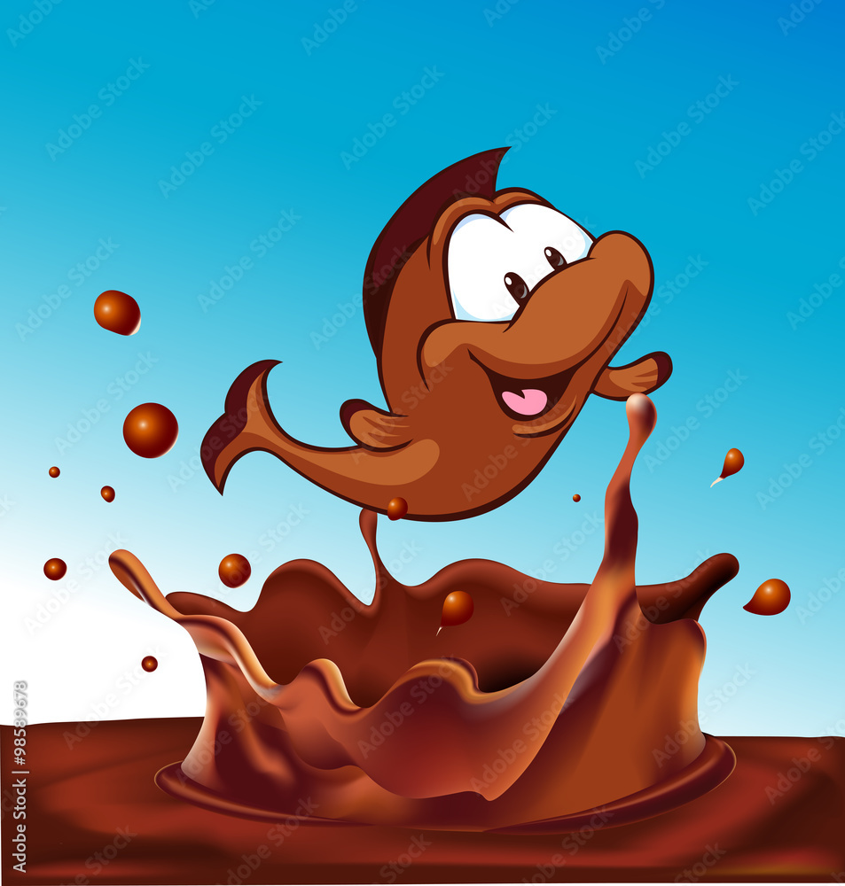 funny brown fish splash in chocolate on blue background - vector ...