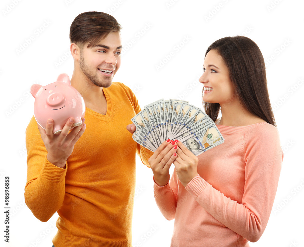Couple pig money box and banknotes isolated on white Stock Photo ...