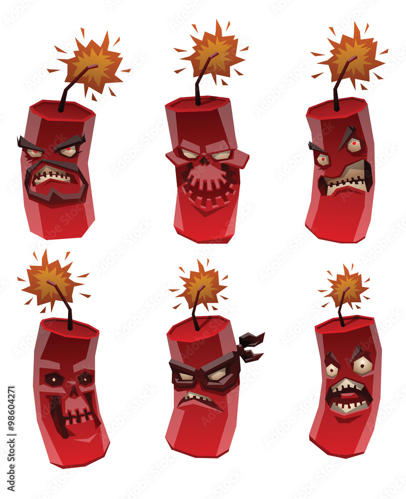 Vector Set of red angry bombs. Cartoon image of six different angry red ...