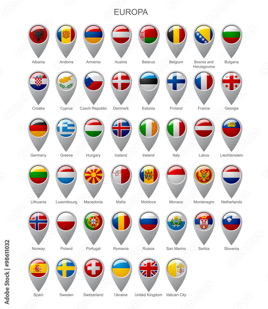 Map marker set with flags of Europa Stock Vector | Adobe Stock