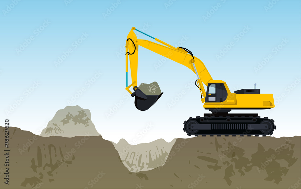 Yellow big digger builds roads gigging of hole ground works digging of ...
