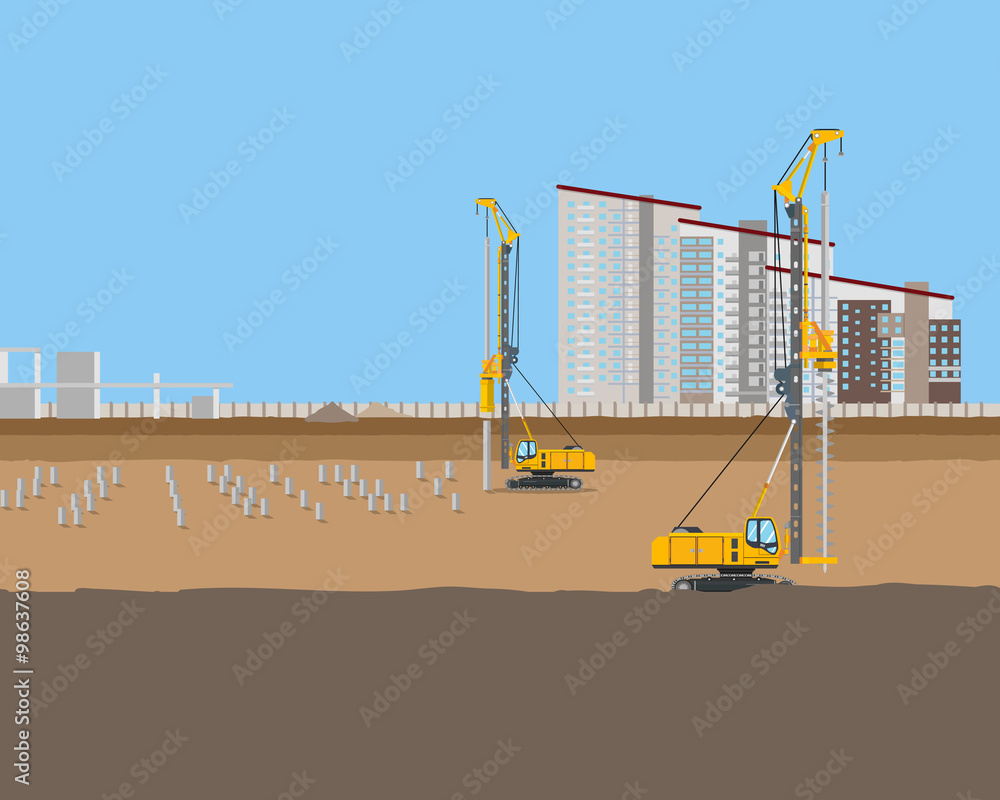 Piling machines installed piles at a construction site for a new home ...
