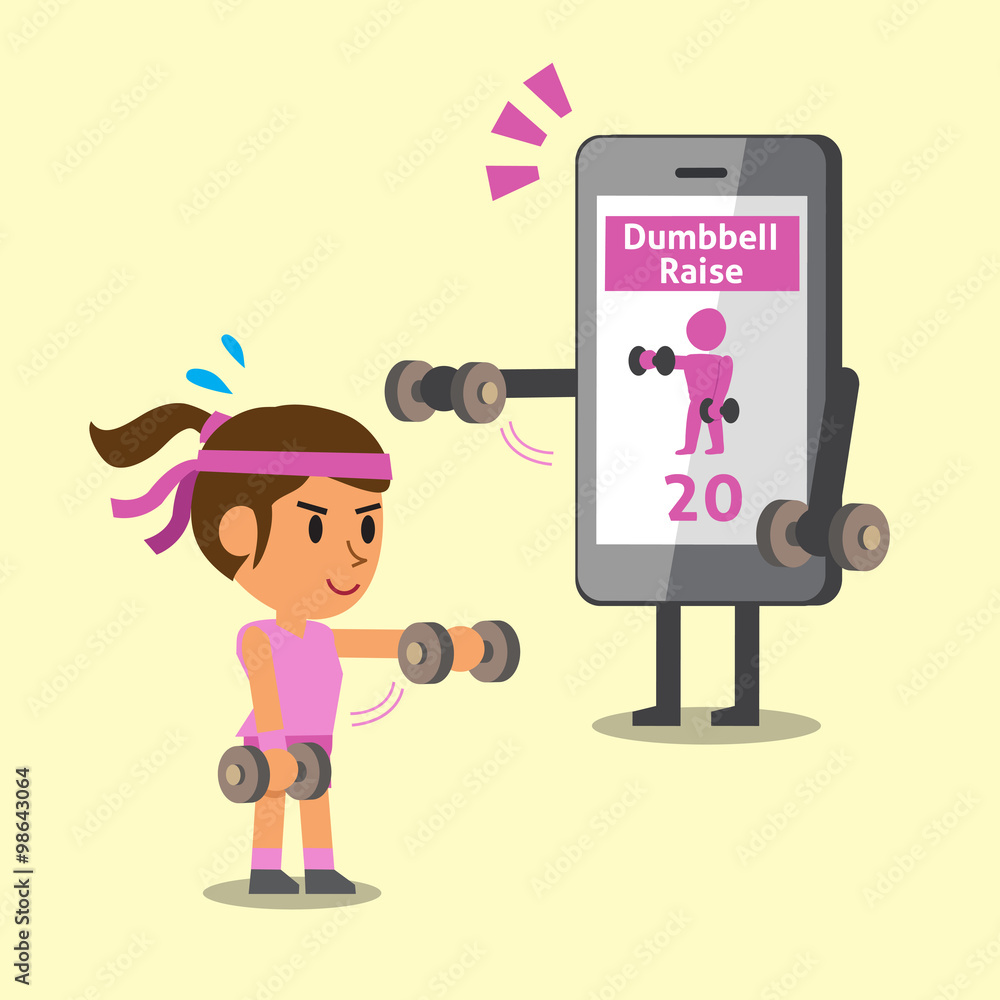 Cartoon smartphone helping a woman to do front dumbbell raise exercise ...