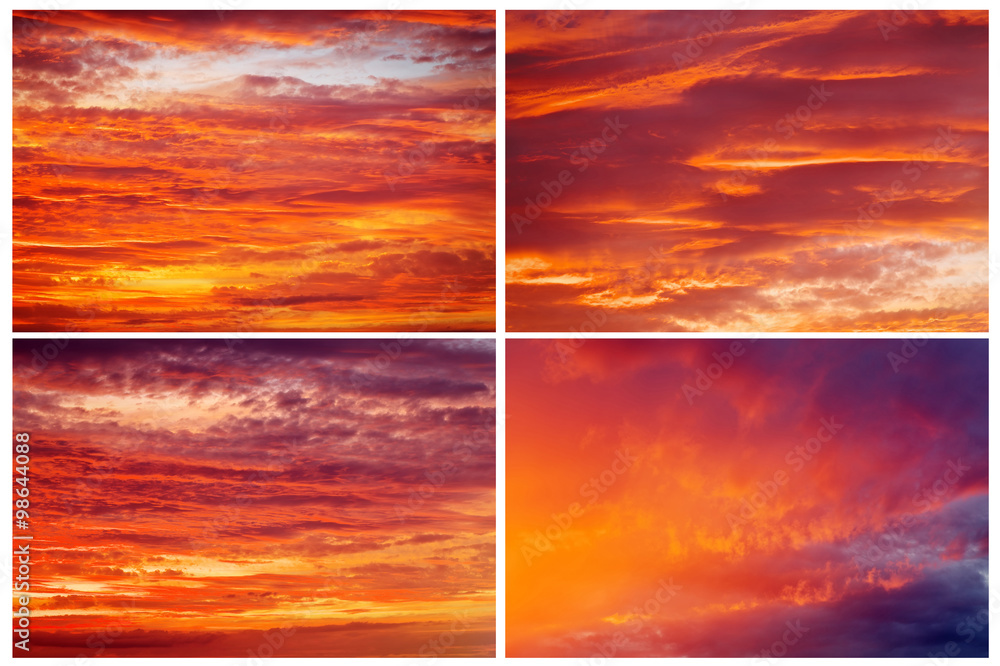 Collection of backgrounds with fiery sunset sky. Sky background Stock ...