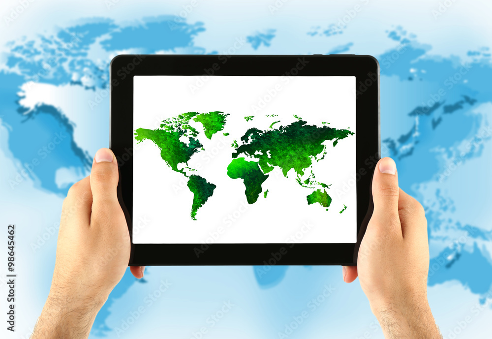 Human holding tablet pc with world map and network on screen Stock ...