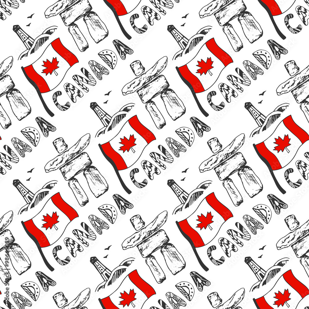 Hand drawn seamless pattern with Canada culture elements. Canadian ...