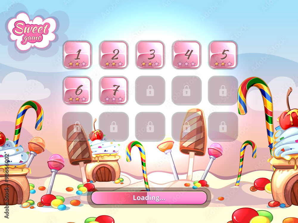 Cartoon fairy tale candy vector background with user interface UI in ...