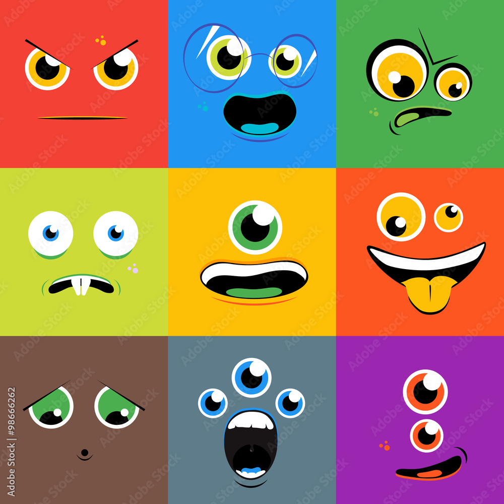 Monster faces vector icons set in flat style Stock Vector | Adobe Stock