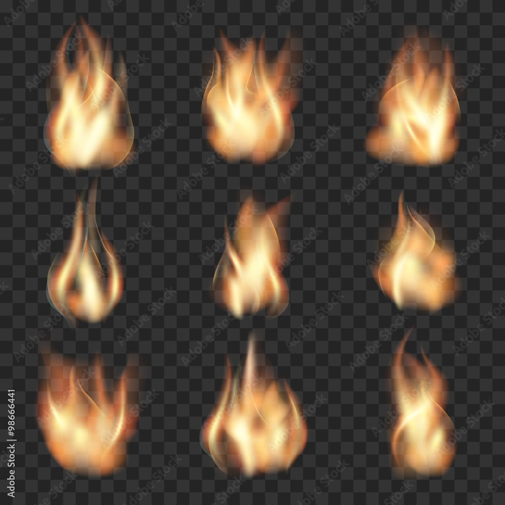 Realistic vector fire flames on checkered transparent background Stock ...