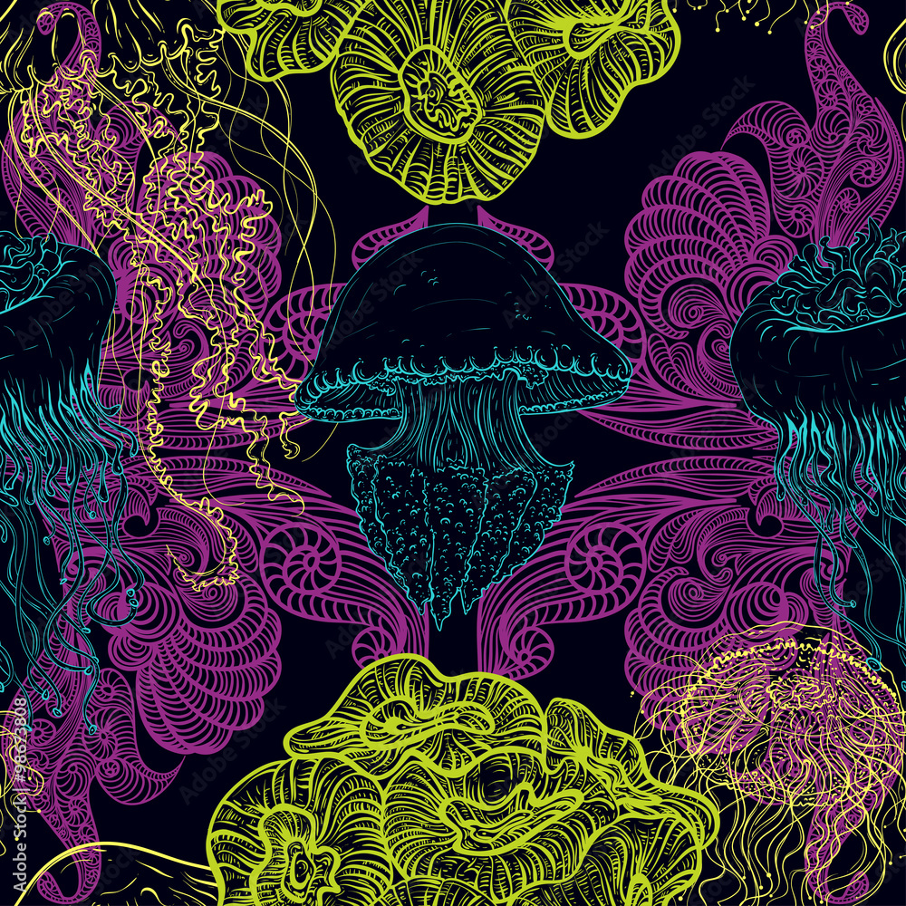 Seamless pattern with jellyfish, marine plants and seaweed. Vintage ...