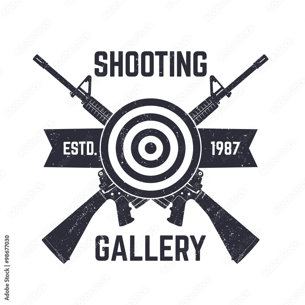 Shooting Gallery logo, sign with crossed assault rifles, vector ...