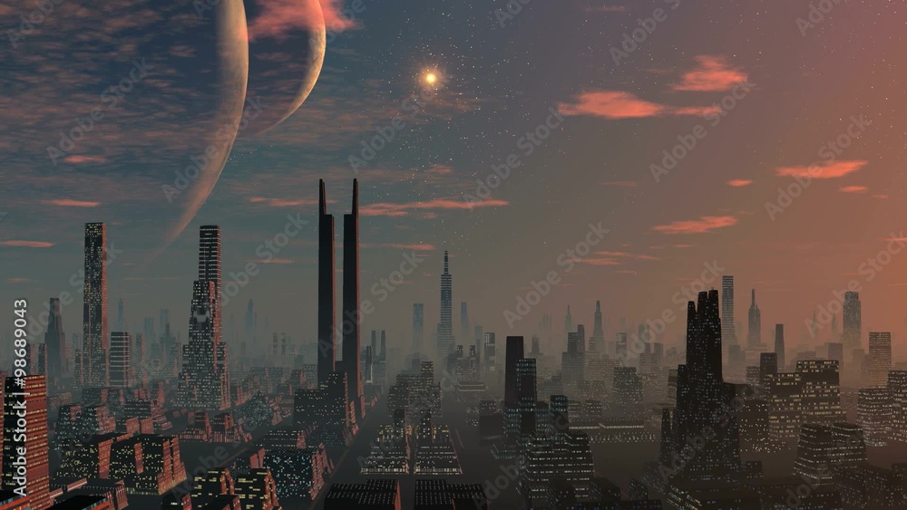 City of aliens, two moons and the dawn. Night city shrouded in haze ...