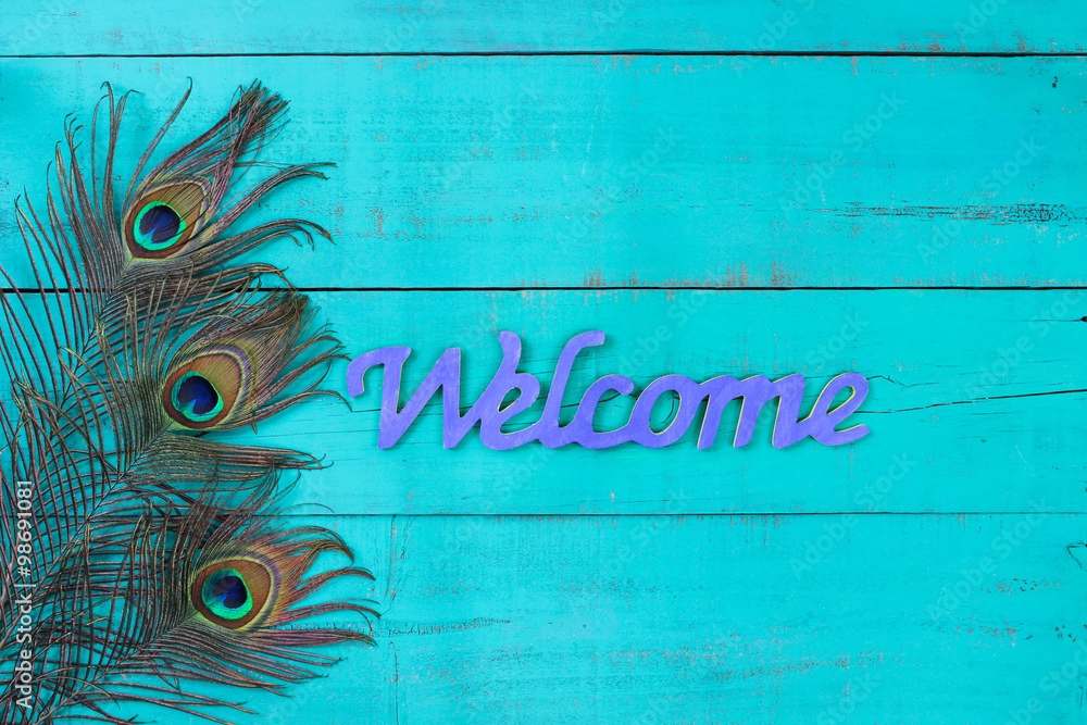 Welcome sign with peacock feathers on antique rustic teal blue wood ...