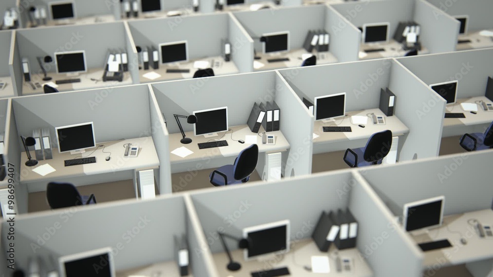 Aerial view of the corporate open room with white, empty office ...