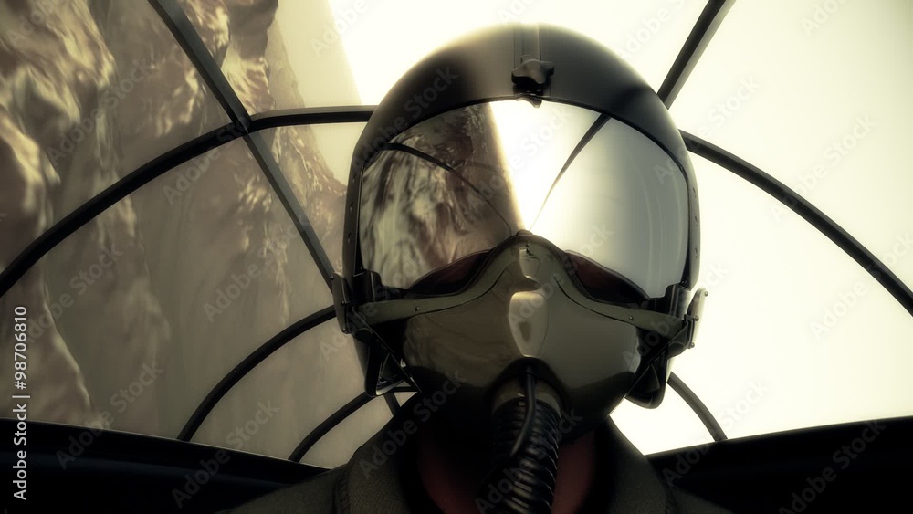 Vídeo do Stock: The pilot wearing a helmet and a mask in the cockpit is ...