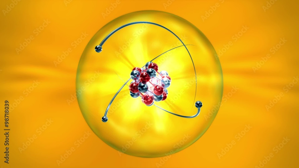 Atom mit Atomkern, Atomhülle und kreisenden Elektronen, farbig auf ...