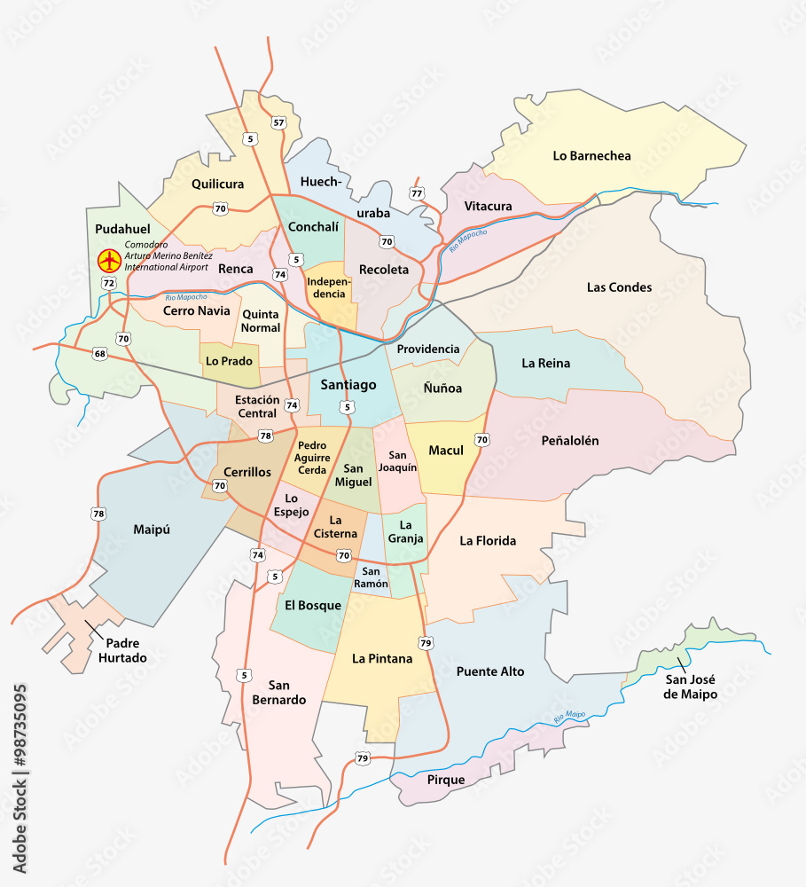 Road and administrative map of agglomeration santiago, Chile Stock ...