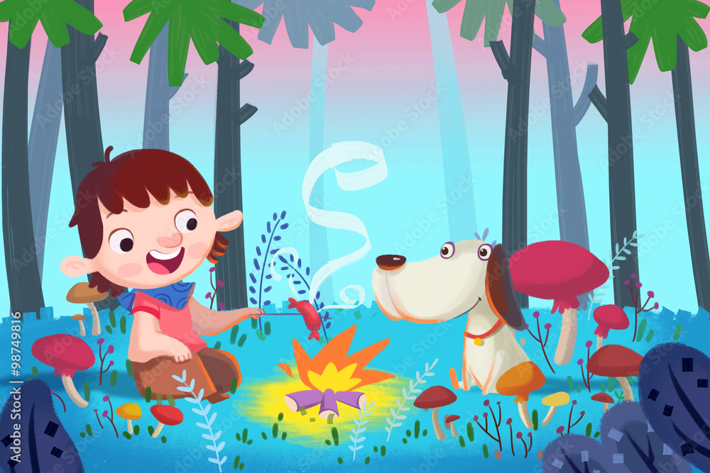 Illustration For Children: Forest Barbecue with Best Friends. Realistic ...