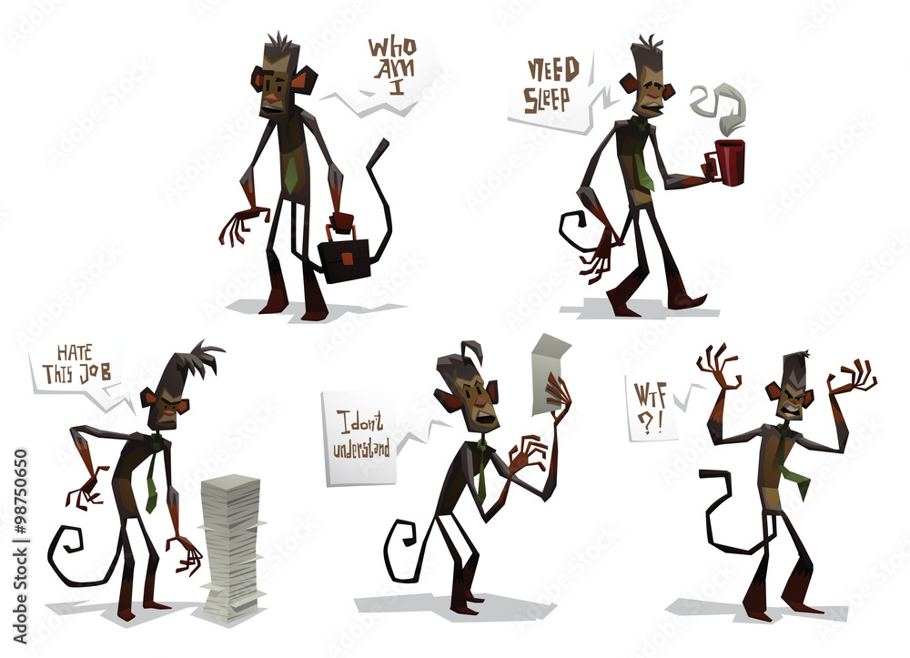 Vector Set of monkeys in office. Cartoon image of five funny brown ...