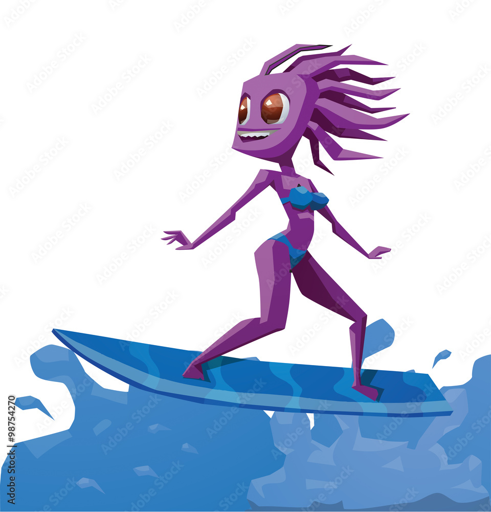 Vector cartoon image of a purple female monster of surfing with purple ...