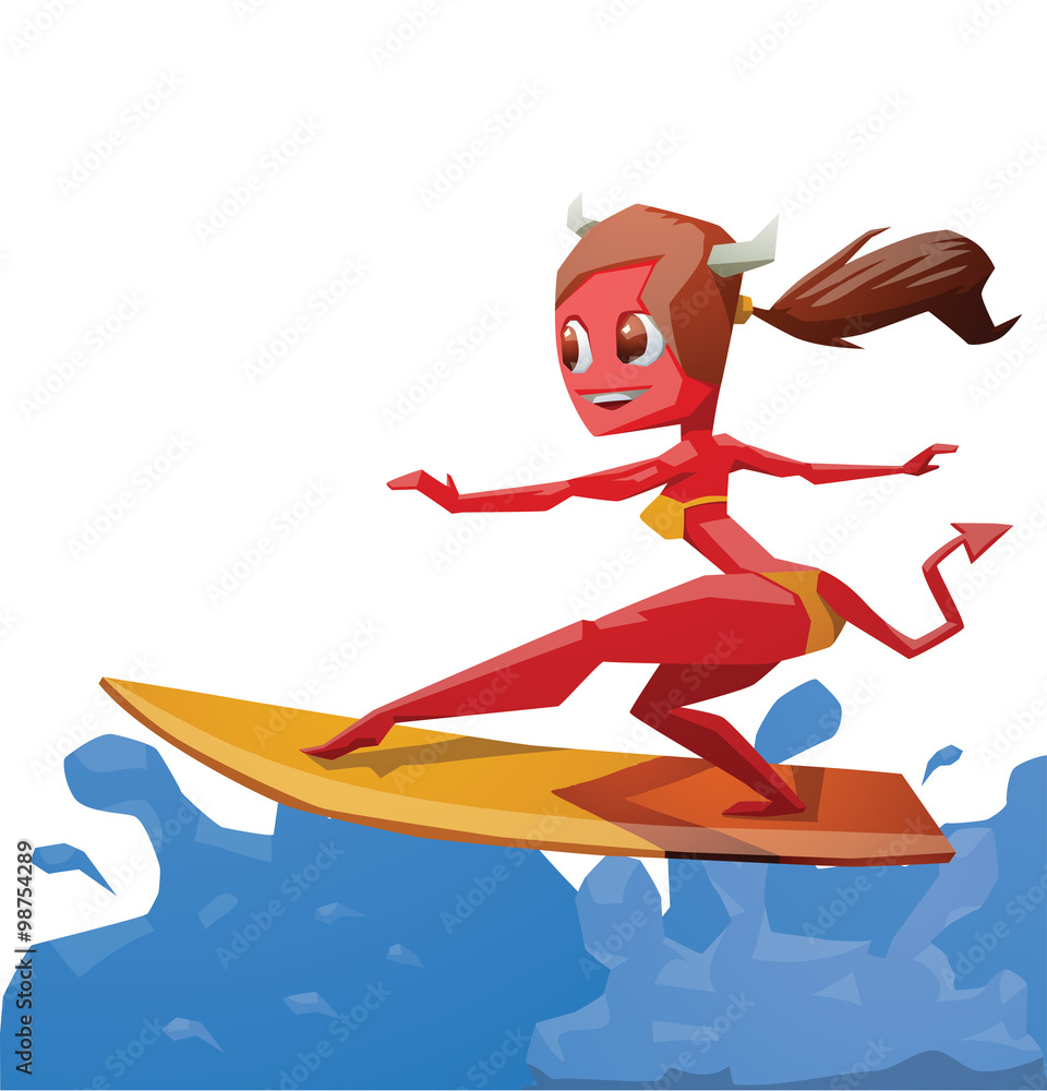 Vector cartoon image of a red female monster of surfing with brown hair ...