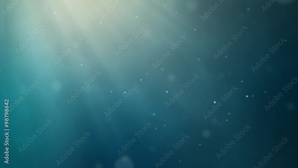Background in the dark with sun rays and flying particles. Underwater ...