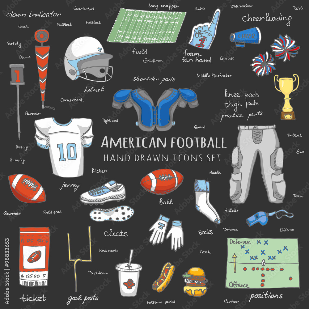 Hand drawn doodle american football set Vector illustration Sketchy ...