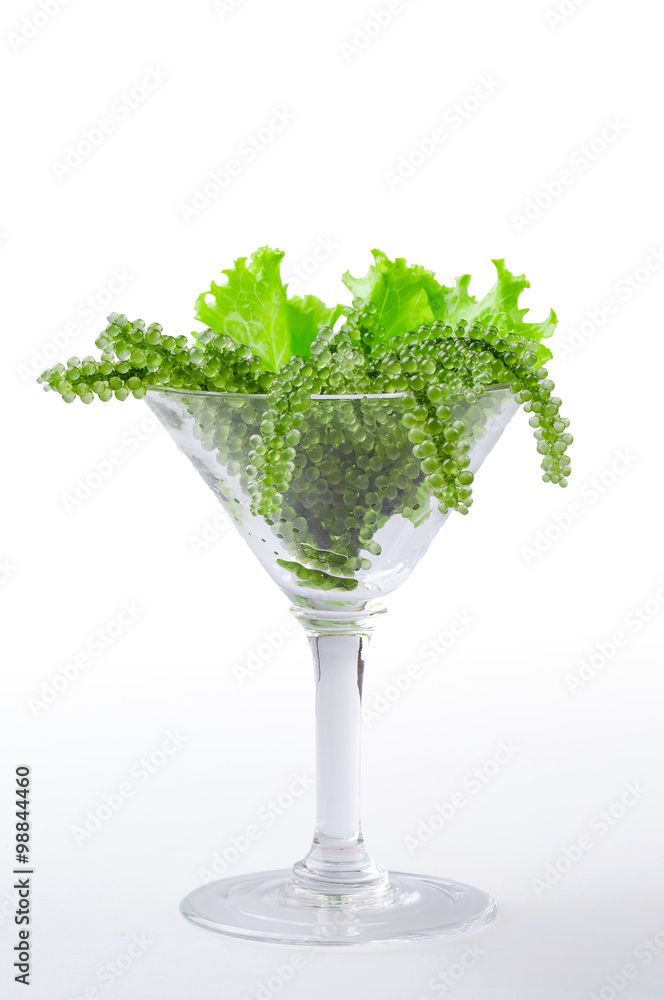 Sea grapes seaweed in cocktail glass. Green Caviar, on White Bac Stock ...
