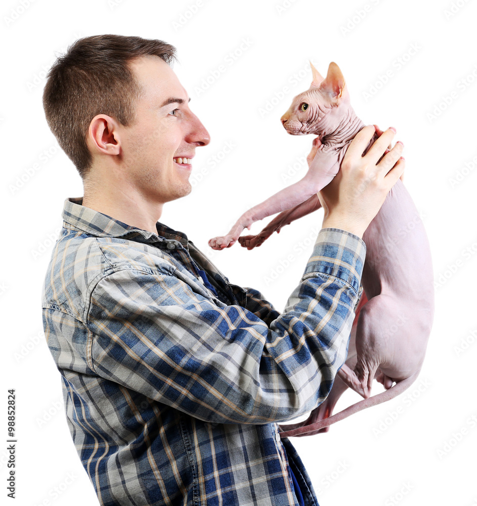 Young handsome man holding a cat, isolated on white Stock Photo | Adobe ...