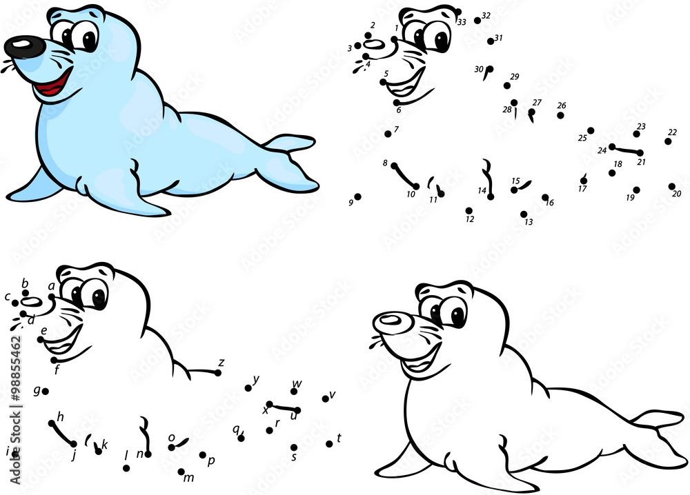 Cartoon seal. Vector illustration. Coloring and dot to dot game Stock ...