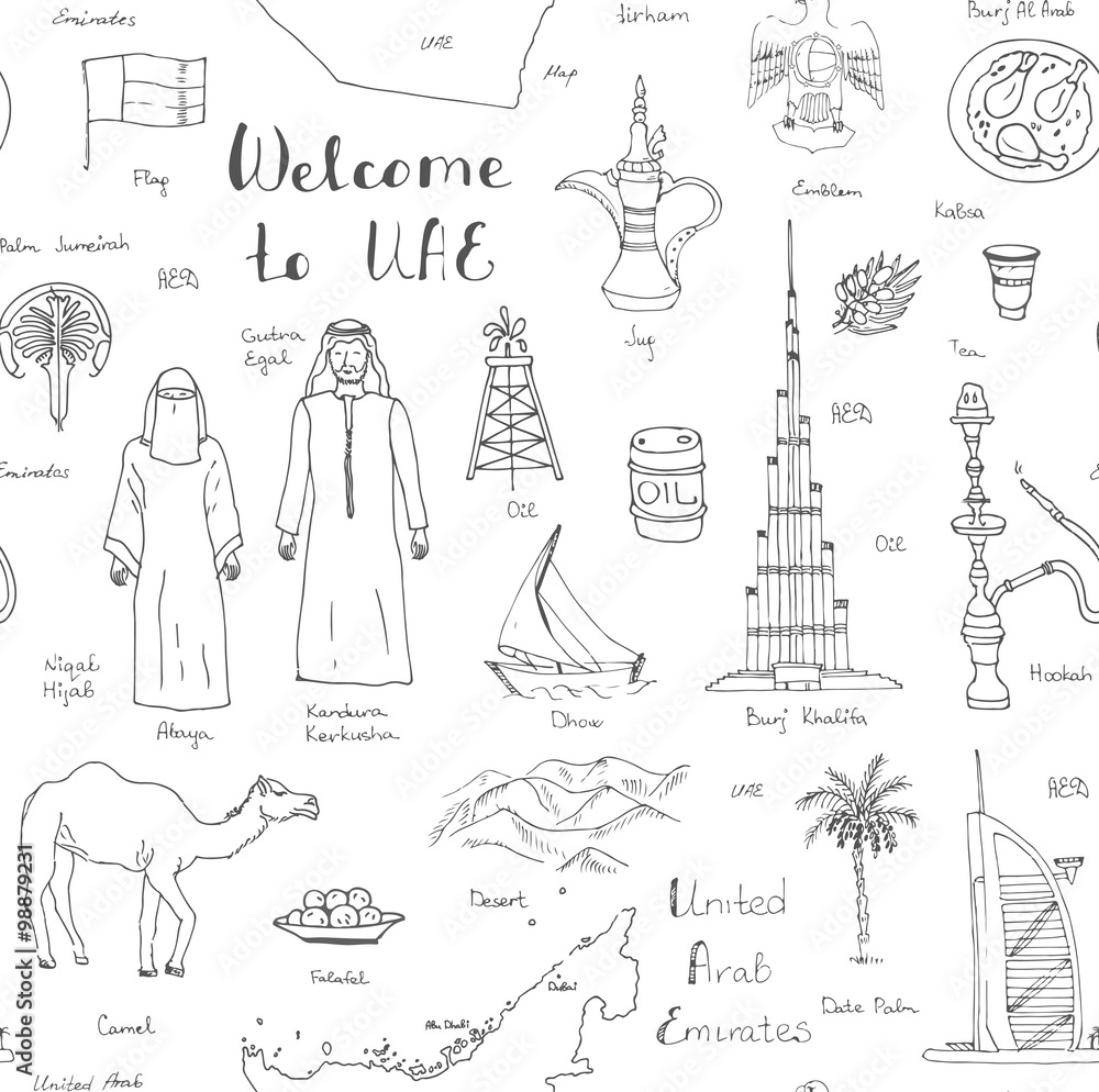 Hand drawn doodle UAE set Vector illustration Sketchy Emirati food ...