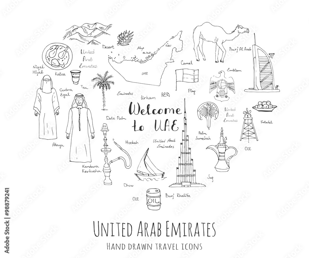 Hand drawn doodle UAE set Vector illustration Sketchy Emirati food ...
