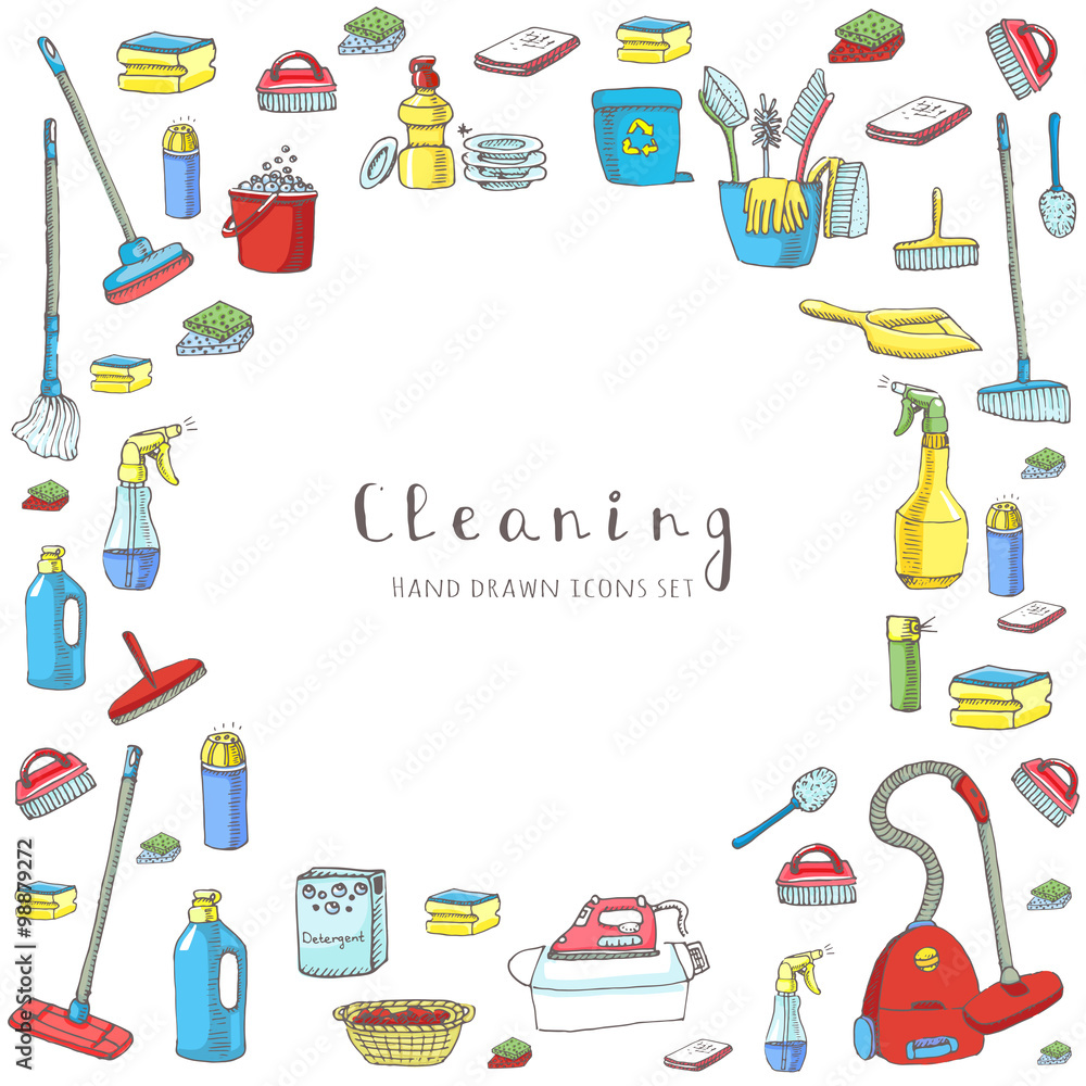 Hand drawn vector cleaning service icons set, Clean symbols, tools ...