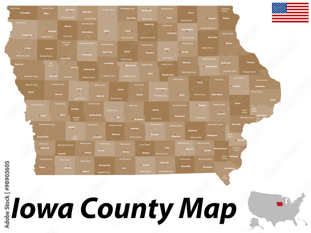 Detailed map of the State of Iowa with all counties and main cities ...
